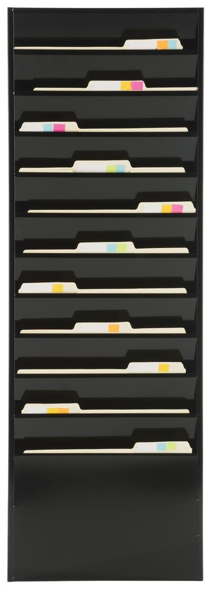 Displays2go File Folder Wall Rack with 11 Tiered Pockets, Shows Only The Top Portion of a File Folder, Office Filing Rack for Wall Mount - Black Powder-Coated Steel