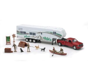 camping adventure 1:32 ford fifth wheel camping set truck trailer diecast and accessories