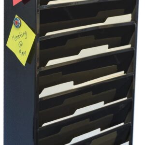 Displays2go File Folder Wall Rack with 11 Tiered Pockets, Shows Only The Top Portion of a File Folder, Office Filing Rack for Wall Mount - Black Powder-Coated Steel