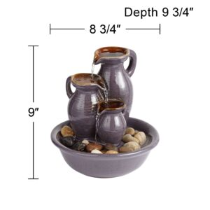 Triple Jug Zen Indoor Cascading Small Tabletop Water Fountain Chocolate Speckle Ceramic Real River Rock 9" for Table Desk-Top Home Office Bedroom House Relaxation Living Room - John Timberland