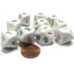 Koplow Games Set of 10 D10 Ten-Sided Opaque Rainbow Dice, 0-9 - White with Multicolor Number