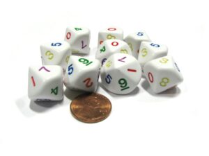 koplow games set of 10 d10 ten-sided opaque rainbow dice, 0-9 - white with multicolor number