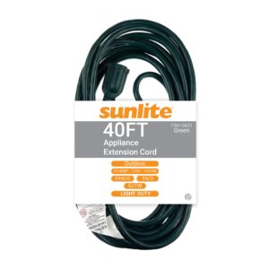 sunlite 04201-su 40-foot outdoor extension cord three grounded sockets, light duty, long power wire, for appliances, electronics, ul listed, meets osha standards, green