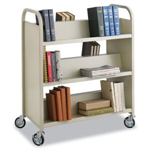 safco products 6-shelf steel slant shelf double-sided book cart, sand, perfect for library, office and home use