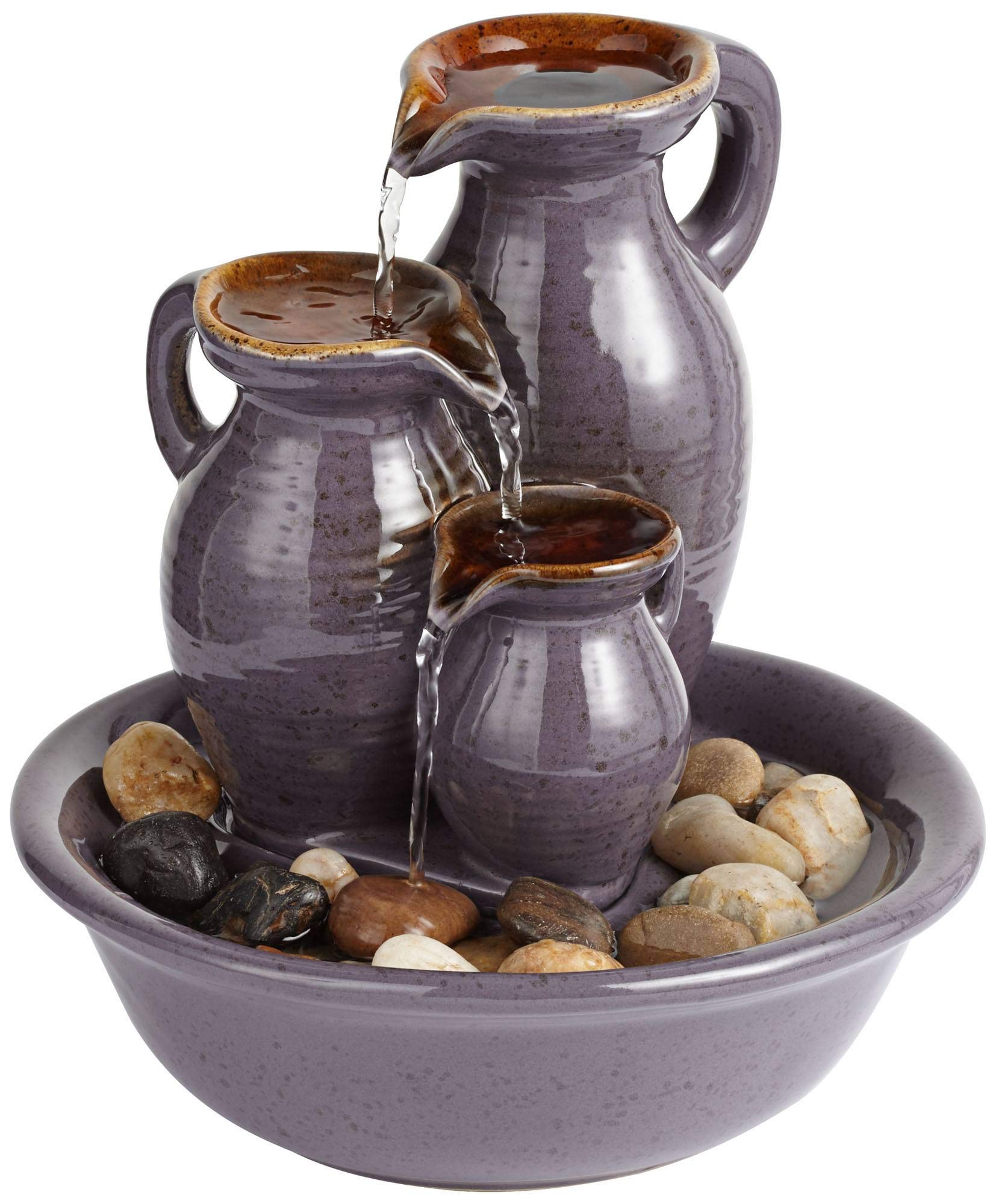 Triple Jug Zen Indoor Cascading Small Tabletop Water Fountain Chocolate Speckle Ceramic Real River Rock 9" for Table Desk-Top Home Office Bedroom House Relaxation Living Room - John Timberland