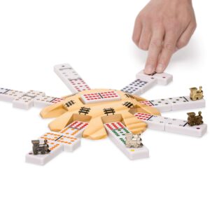 Yellow Mountain Imports Mexican Train Complete Set with Double 12 Dominoes (Pips/Dots), Wooden Hub, Die Cast Train Markers, and Scorepad