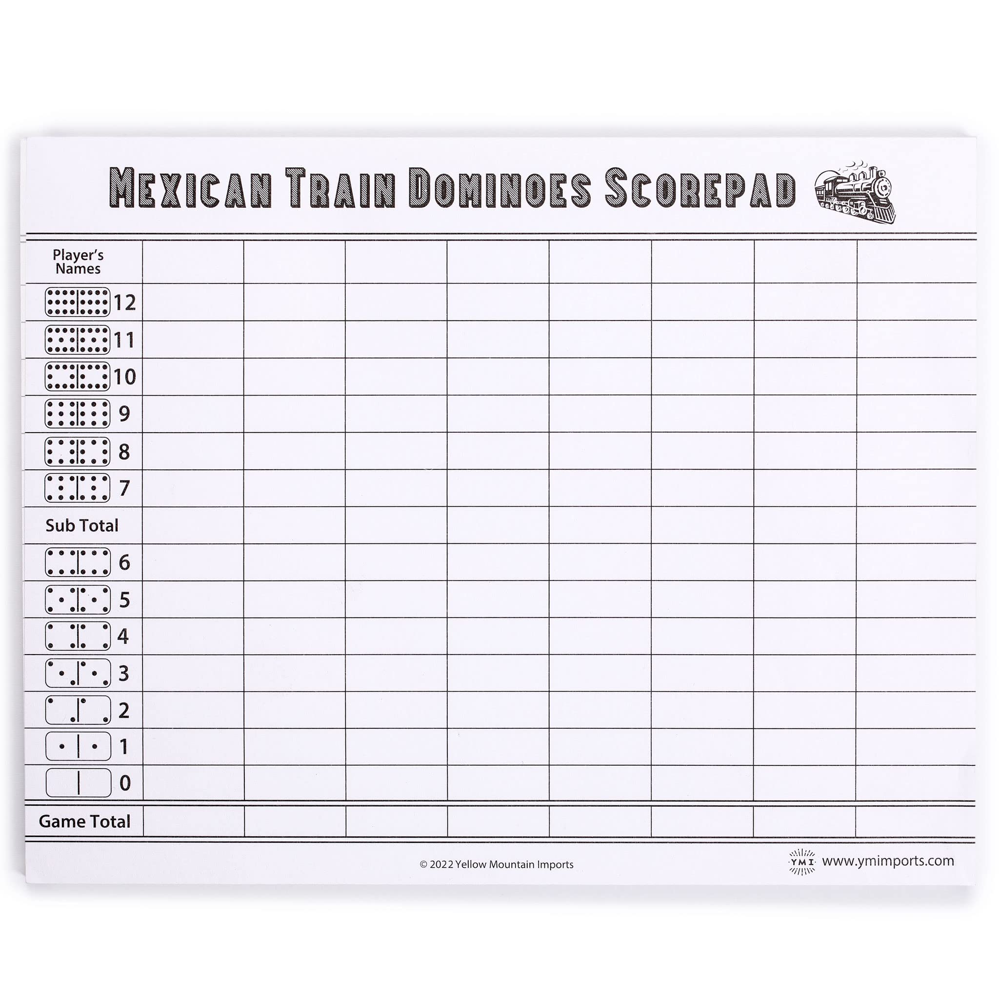 Yellow Mountain Imports Mexican Train Complete Set with Double 12 Dominoes (Pips/Dots), Wooden Hub, Die Cast Train Markers, and Scorepad