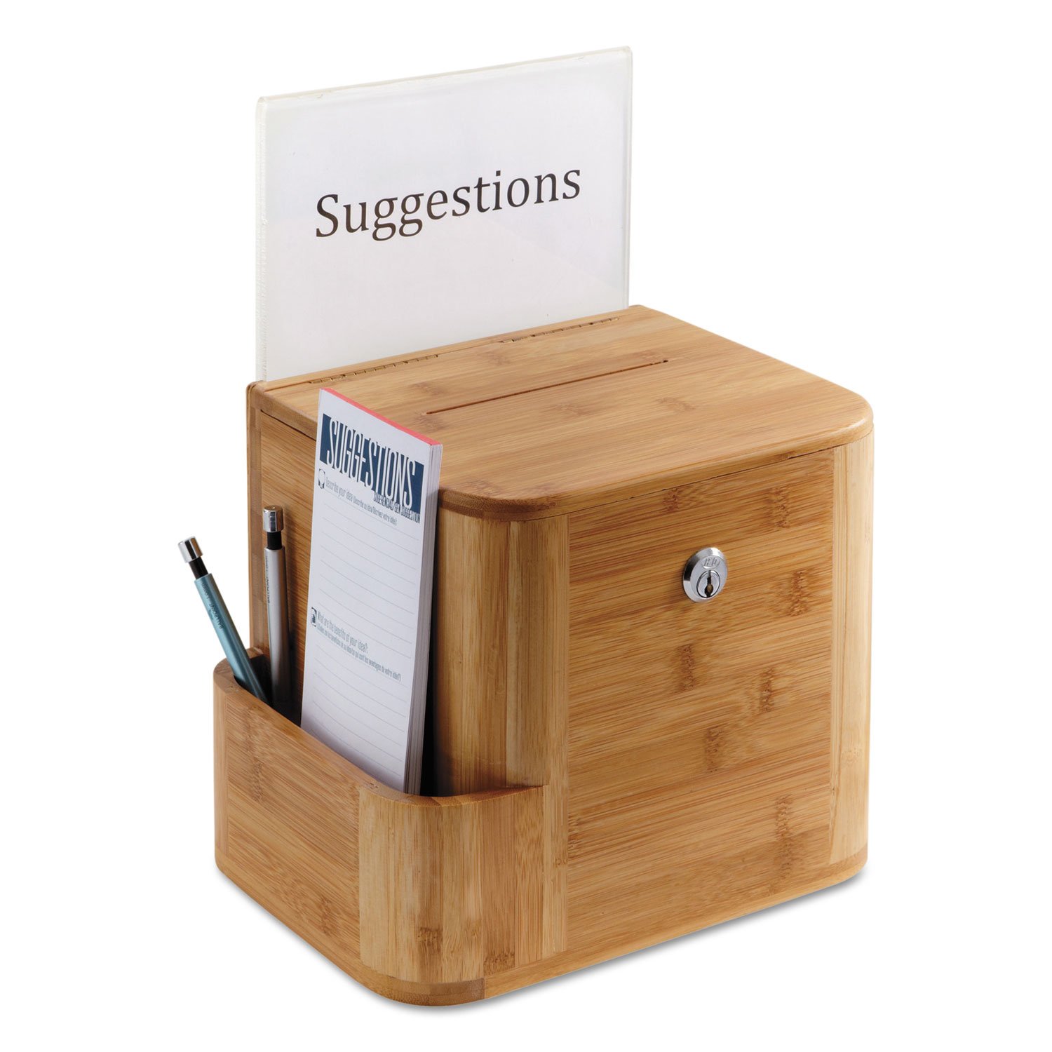 Safco Products 4237NA Wood Suggestion, Charity, Voting Box, Lock and Card Storage Pocket, Freestanding or Wall Mounted, Includes Suggestion Cards