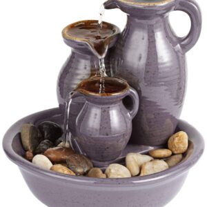 Triple Jug Zen Indoor Cascading Small Tabletop Water Fountain Chocolate Speckle Ceramic Real River Rock 9" for Table Desk-Top Home Office Bedroom House Relaxation Living Room - John Timberland