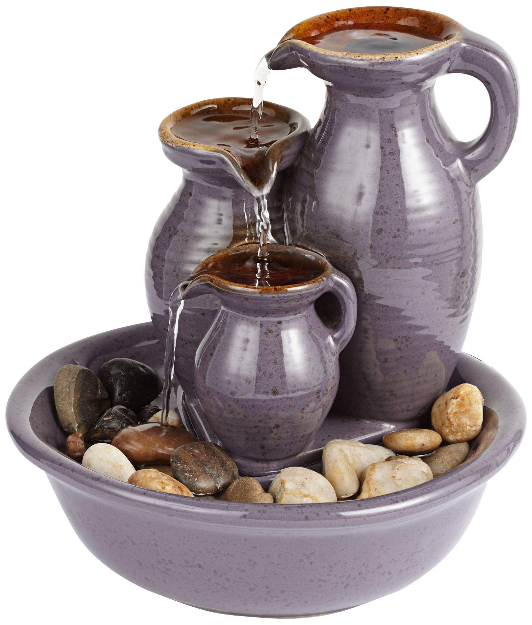 Triple Jug Zen Indoor Cascading Small Tabletop Water Fountain Chocolate Speckle Ceramic Real River Rock 9" for Table Desk-Top Home Office Bedroom House Relaxation Living Room - John Timberland