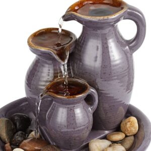 Triple Jug Zen Indoor Cascading Small Tabletop Water Fountain Chocolate Speckle Ceramic Real River Rock 9" for Table Desk-Top Home Office Bedroom House Relaxation Living Room - John Timberland