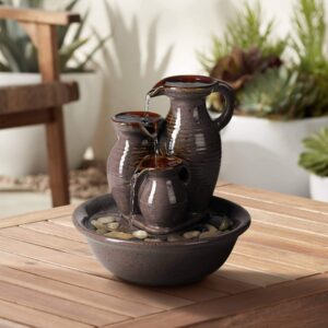 triple jug zen indoor cascading small tabletop water fountain chocolate speckle ceramic real river rock 9" for table desk-top home office bedroom house relaxation living room - john timberland