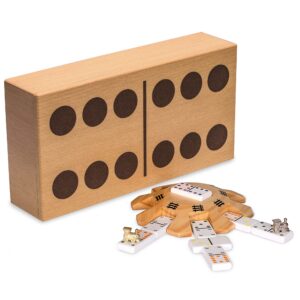 yellow mountain imports mexican train complete set with double 12 dominoes (pips/dots), wooden hub, die cast train markers, and scorepad