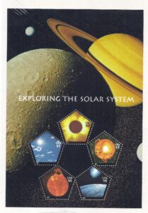 exploring the solar system, full sheet of 5 x $1.00 pentagonal postage stamps, usa 2000, scott 3410