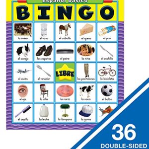 Carson Dellosa Basic Spanish Bingo Game—Learning Board Game with 50 Spanish Words with Photos, 36 Game Boards and Bingo Chips for 3-36 Players, Ages 4 and Up