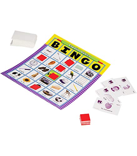 Carson Dellosa Basic Spanish Bingo Game—Learning Board Game with 50 Spanish Words with Photos, 36 Game Boards and Bingo Chips for 3-36 Players, Ages 4 and Up