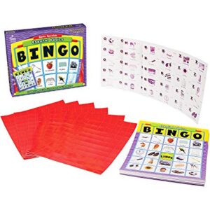 Carson Dellosa Basic Spanish Bingo Game—Learning Board Game with 50 Spanish Words with Photos, 36 Game Boards and Bingo Chips for 3-36 Players, Ages 4 and Up