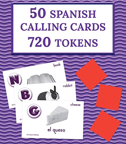 Carson Dellosa Basic Spanish Bingo Game—Learning Board Game with 50 Spanish Words with Photos, 36 Game Boards and Bingo Chips for 3-36 Players, Ages 4 and Up