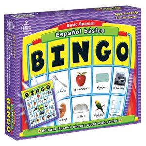 Carson Dellosa Basic Spanish Bingo Game—Learning Board Game with 50 Spanish Words with Photos, 36 Game Boards and Bingo Chips for 3-36 Players, Ages 4 and Up