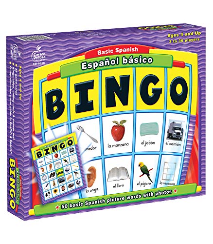 Carson Dellosa Basic Spanish Bingo Game—Learning Board Game with 50 Spanish Words with Photos, 36 Game Boards and Bingo Chips for 3-36 Players, Ages 4 and Up