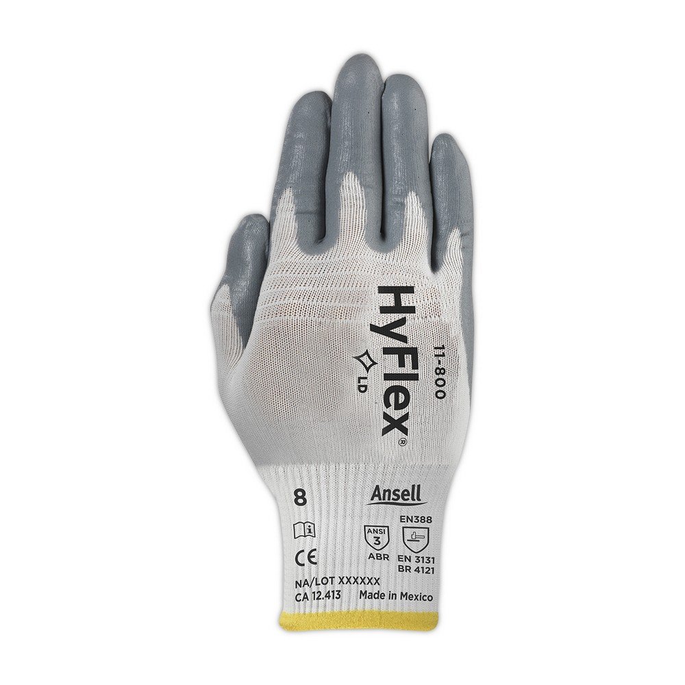 Ansell 11-800-8 HyFlex Foam Gloves, Size 8, White/Gray (Pack of 12)