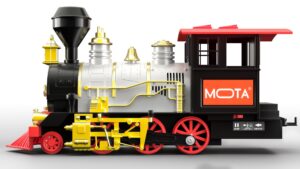 mota classic holiday christmas train set with real smoke - authentic lights, and sounds - a full set with locomotive engine, cargo cars, tracks and christmas spirit