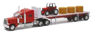 new-ray peterbilt 389 with hay and farm tractor playset 1/32 scale model toy vehicles, 10293a, red