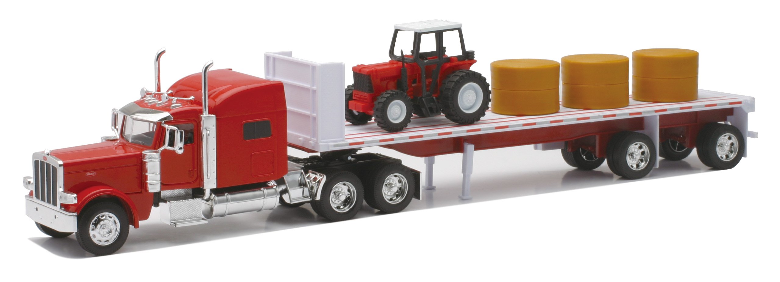 New-Ray Peterbilt 389 with Hay and Farm Tractor Playset 1/32 Scale Model Toy Vehicles, 10293A, Red