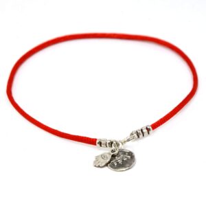 red protection & positive energy anklet for women on silk string - sterling silver coin charm & hamsa hand ankle bracelet for protection - 9.5" length with spring ring clasp