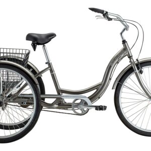 Schwinn Meridian Adult Tricycle Bike, Mens and Womens Three Wheel Beach Cruiser, 26-Inch Wheels, Low Step-Through Frame, Wide Seat, Rear Folding Basket, 1-Speed, Dark Silver