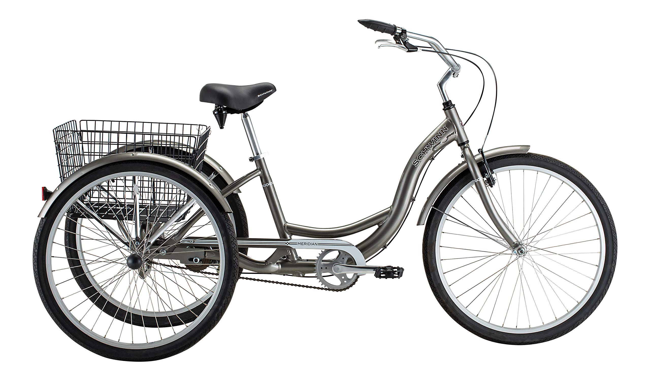 Schwinn Meridian Adult Tricycle Bike, Mens and Womens Three Wheel Beach Cruiser, 26-Inch Wheels, Low Step-Through Frame, Wide Seat, Rear Folding Basket, 1-Speed, Dark Silver