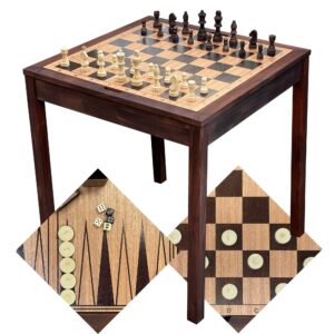 sterling games wooden chess table | chess, checkers and backgammon 3 in 1 combo game table furniture set, 25" x 25", 4" king