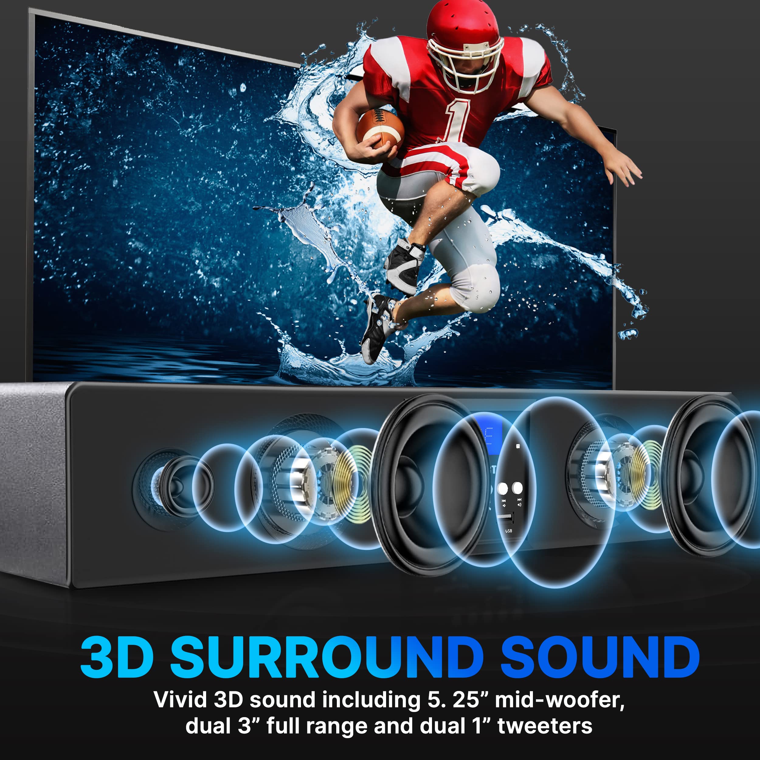 Pyle 3D Surround Bluetooth Soundbar - Sound System Bass Speakers Compatible to TV, USB, SD, FM Radio with 3.5mm AUX Input , Remote Control, For Home Theater - PSBV200BT,Black