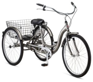 schwinn meridian adult tricycle bike, mens and womens three wheel beach cruiser, 26-inch wheels, low step-through frame, wide seat, rear folding basket, 1-speed, dark silver