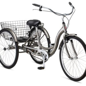 Schwinn Meridian Adult Tricycle Bike, Mens and Womens Three Wheel Beach Cruiser, 26-Inch Wheels, Low Step-Through Frame, Wide Seat, Rear Folding Basket, 1-Speed, Dark Silver