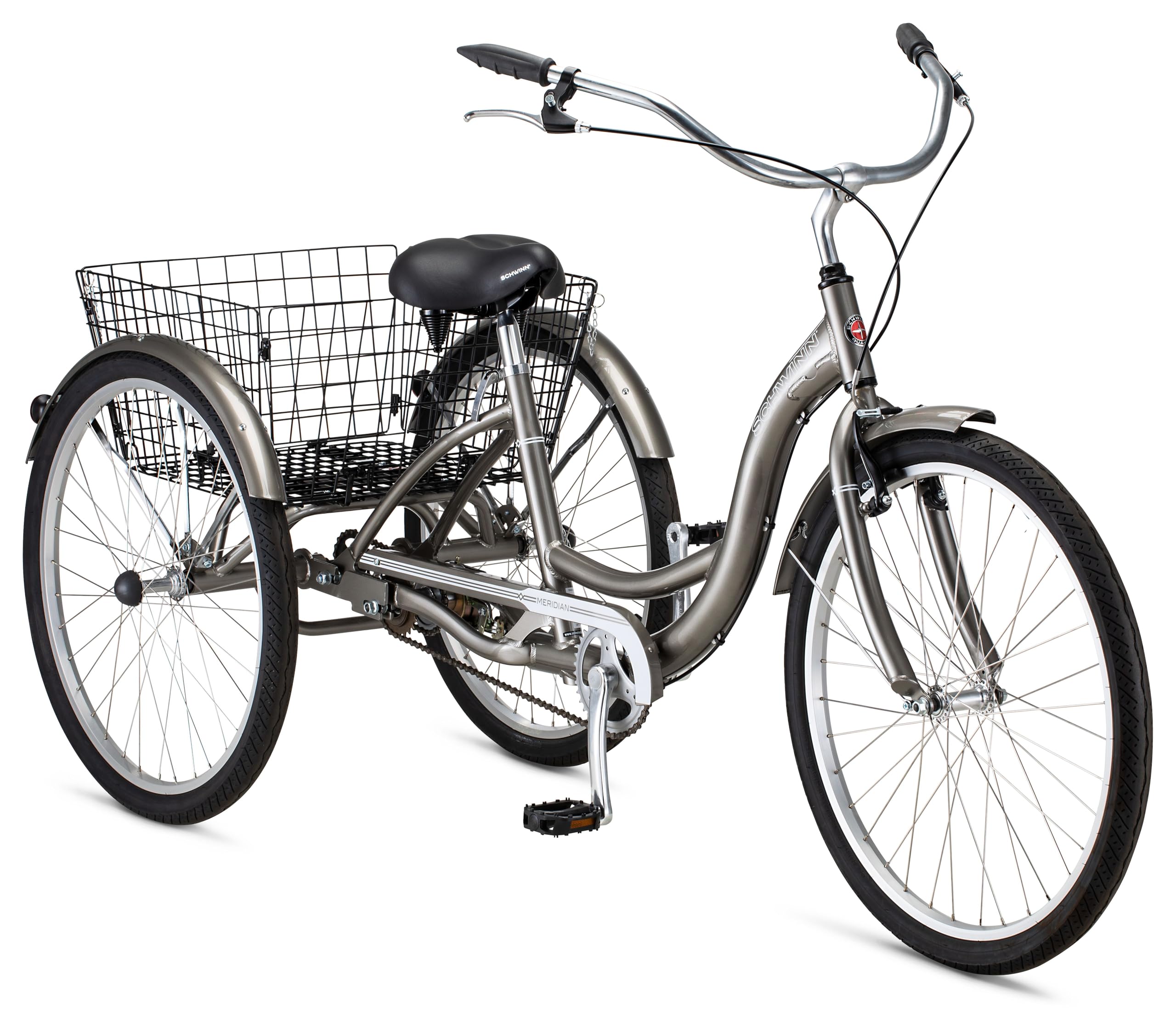 Schwinn Meridian Adult Tricycle Bike, Mens and Womens Three Wheel Beach Cruiser, 26-Inch Wheels, Low Step-Through Frame, Wide Seat, Rear Folding Basket, 1-Speed, Dark Silver