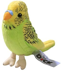 carl dick budgerigar green with yellow, 5 inches, 13cm, plush toy, soft toy, stuffed animal 2823004