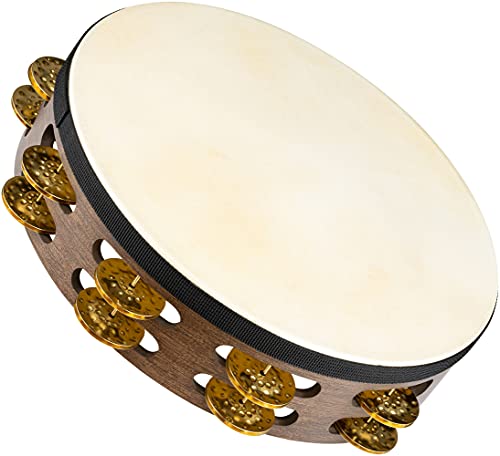 Meinl Percussion TAH2V-WB 10-Inch Vintage Wood Tambourine with Goat Skin Head and Hammered Brass Jingles, 2 Row