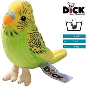 Carl Dick Budgerigar Green with Yellow, 5 inches, 13cm, Plush Toy, Soft Toy, Stuffed Animal 2823004