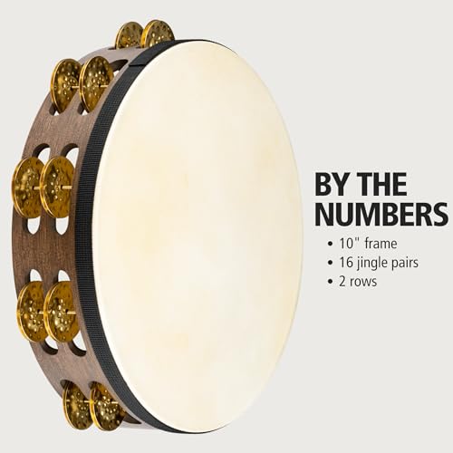 Meinl Percussion TAH2V-WB 10-Inch Vintage Wood Tambourine with Goat Skin Head and Hammered Brass Jingles, 2 Row