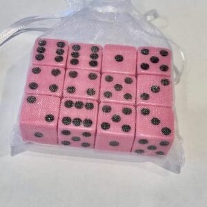 1 Dozen Pink Dice with Black Dots - Perfect for Bunco! 16mm Square - Excellent Quality - Organza Storage Bag Included - Bunco Party Supplies - Casino Party Supplies