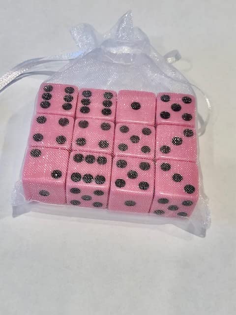 1 Dozen Pink Dice with Black Dots - Perfect for Bunco! 16mm Square - Excellent Quality - Organza Storage Bag Included - Bunco Party Supplies - Casino Party Supplies