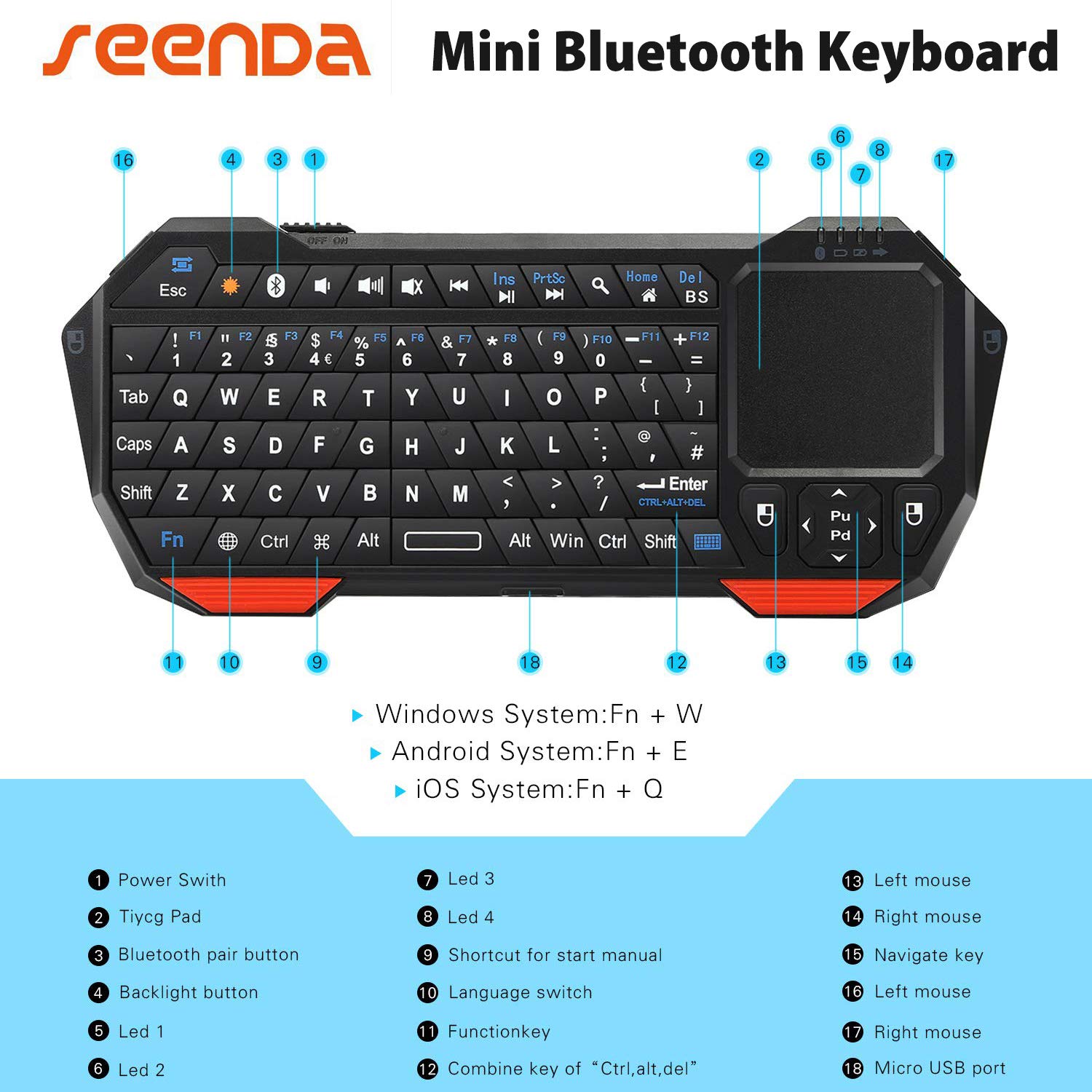 Mini Wireless Keyboard with Touchpad for Smart TV Projector Compatible with Android iOS Windows