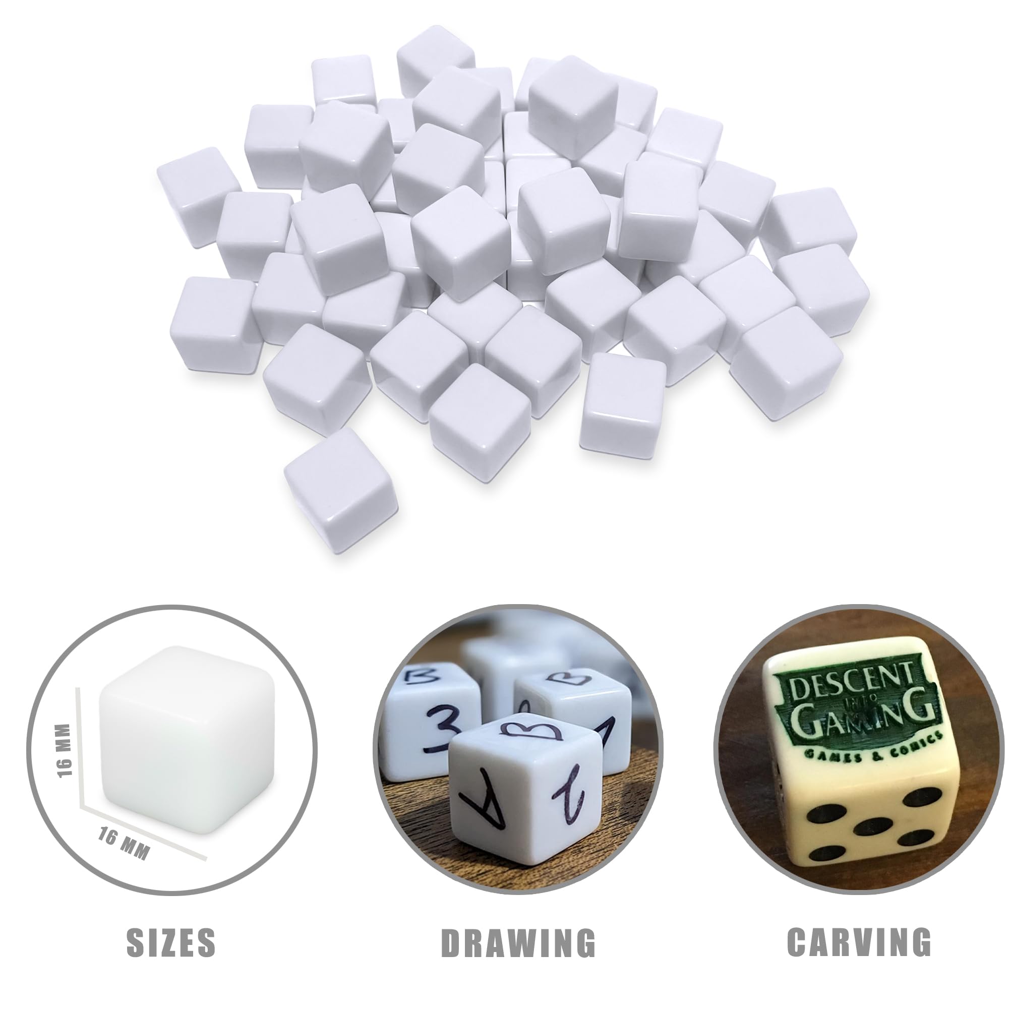 50 PCS Blank White Dice 16MM Acrylic Dice Blank White Cubes with Smoothed Surface Six Sided Dice for Board Games, DIY