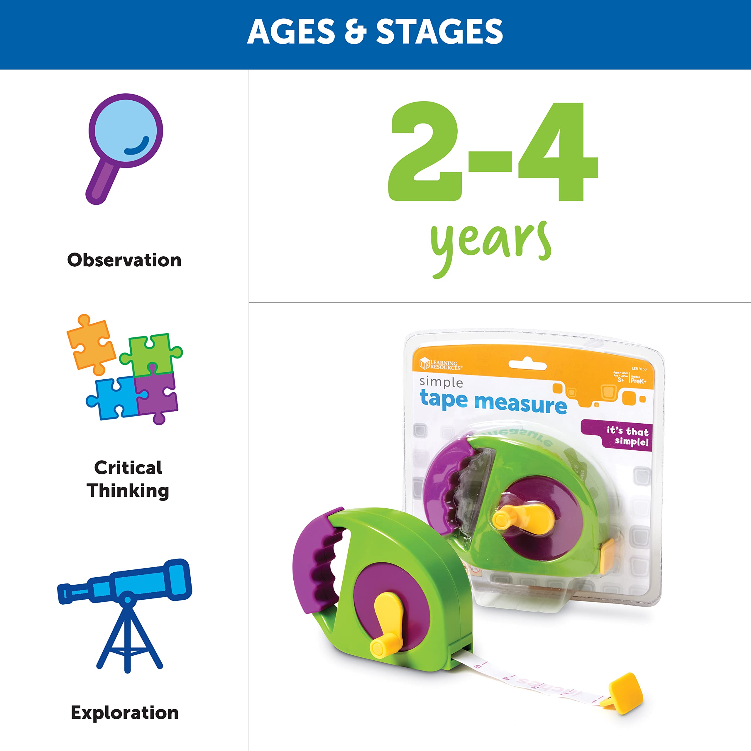 Learning Resources Simple Tape Measure, Ages 3+, Retractable Toy Tape Measure, Measures 4 Feet, Construction Toy for Kids,Back to School