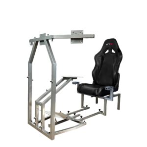 gtr simulator crj model flight simulator silver frame with adjustable majestic black leatherette seat flight simulation cockpit with dual control mount and triple | single monitor stand