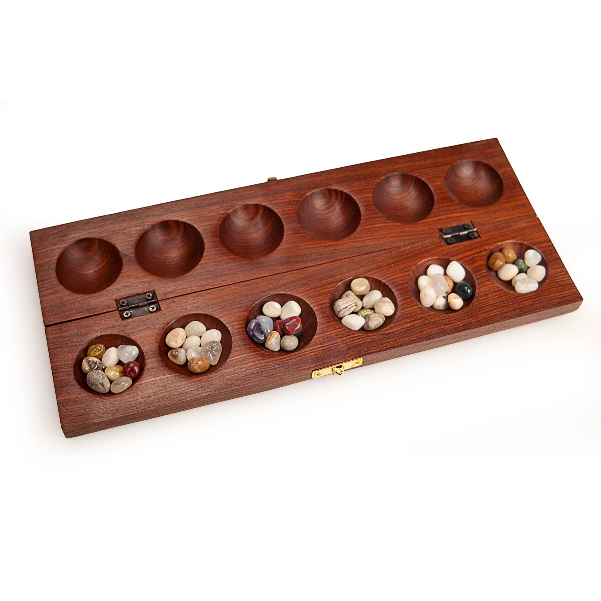 Sterling Games Wooden Mancala Board Game Cherry Finish with Real Stones 13” Wood Game Board