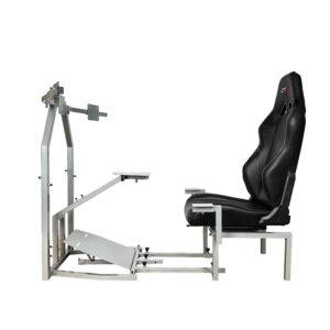 GTR Simulator CRJ Model Flight Simulator Silver Frame with Adjustable Majestic Black Leatherette Seat Flight Simulation Cockpit with Dual Control Mount and Triple | Single Monitor Stand