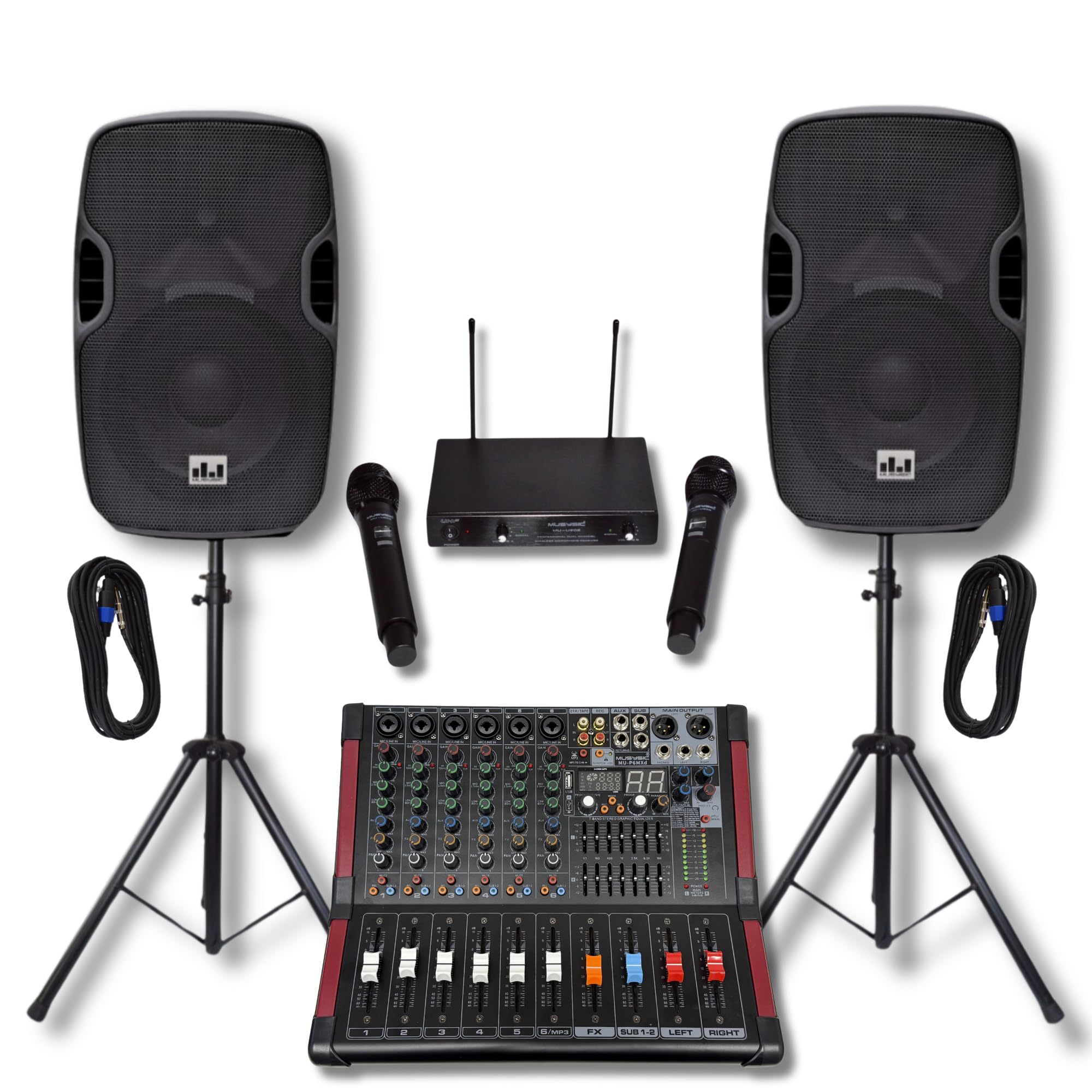 MUSYSIC Portable PA System with Wireless Microphone and Speakers – 6 Ch Audio Mixer with Built-in 2000W Amp & Wireless UHF Microphone System, Multiple Inputs, Complete w/Stands - 10" Speaker 800W