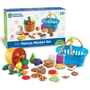 learning resources new sprouts deluxe market set - 32 pieces, ages 18+ months pretend play food for toddlers, preschool learning toys, kitchen play toys for kids